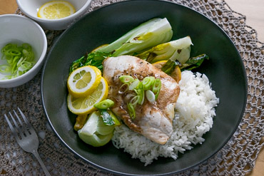 Roasted Fish with Spring Onion & Ginger, Bok Choy and Jasmine Rice ...